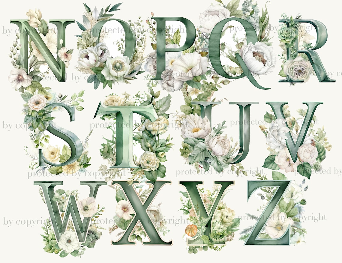 Greenery Alphabet Lettering and Numbers Clipart Watercolor - Etsy