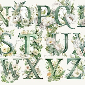 Greenery Alphabet Lettering and Numbers Clipart, Watercolor Floral Clip ...