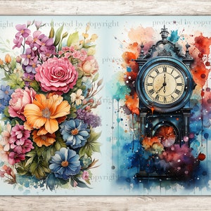 Clocks Journal Printable, Flowers Junk Journal Paper, Flower Digital ...