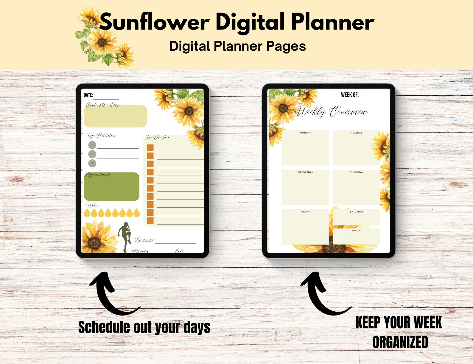 Sunflower Digital Planner - PDF Download- Monthly and Daily Planner ...