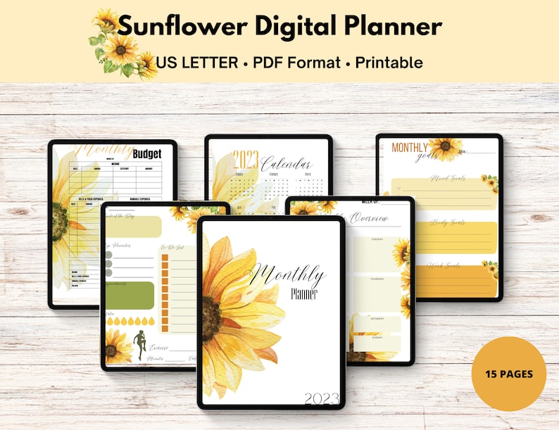 Sunflower Digital Planner - PDF Download- Monthly and Daily Planner ...