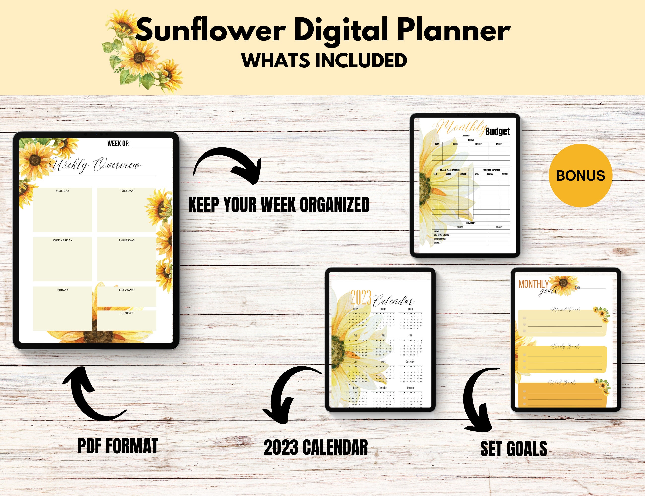Sunflower Digital Planner - PDF Download- Monthly and Daily Planner ...