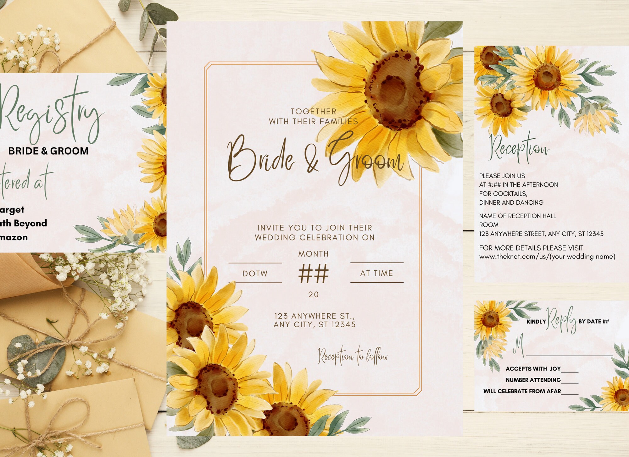 Rustic Vibe Sunflower Wedding Invitation Template Suite, Beautiful ...