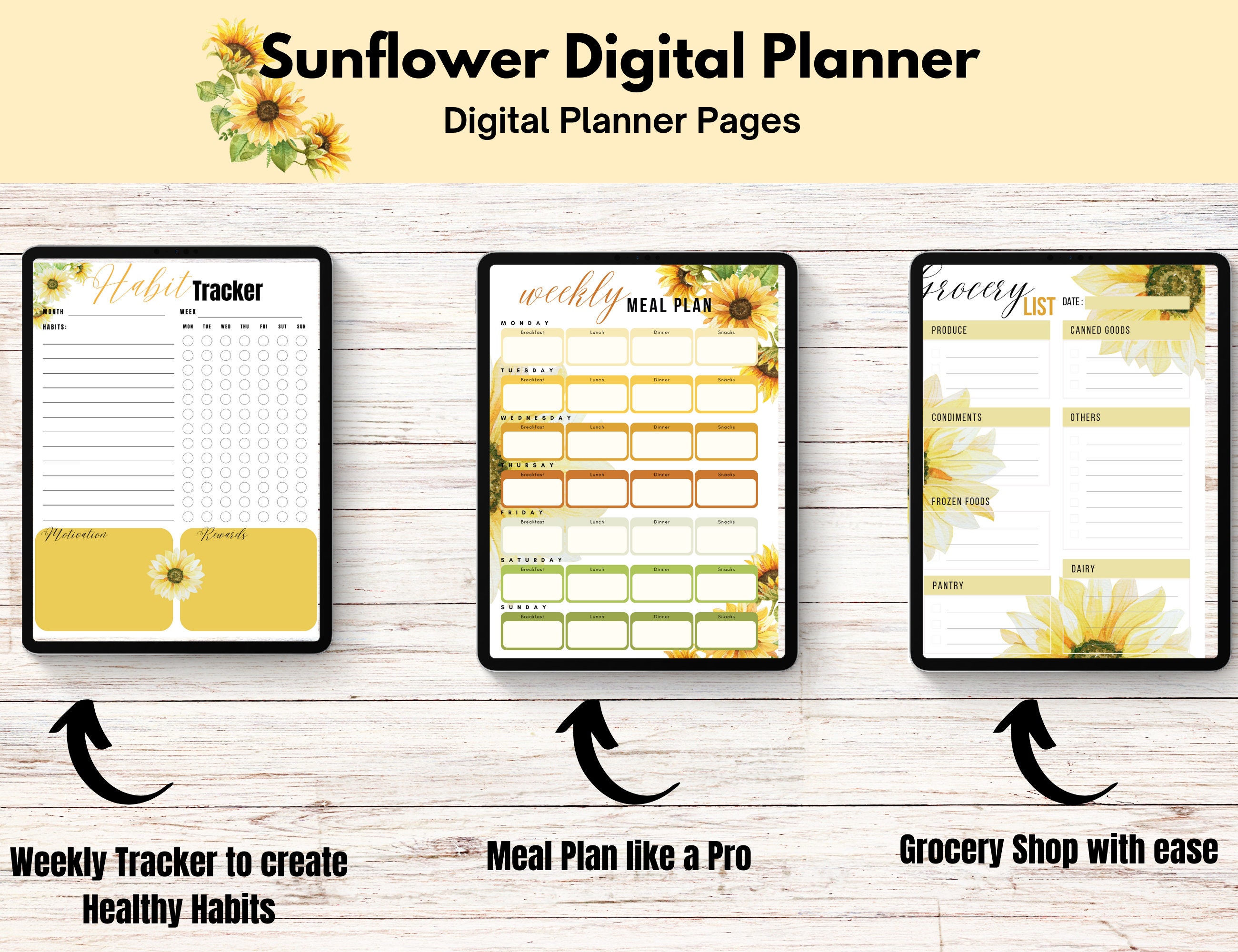 Sunflower Digital Planner - PDF Download- Monthly and Daily Planner ...