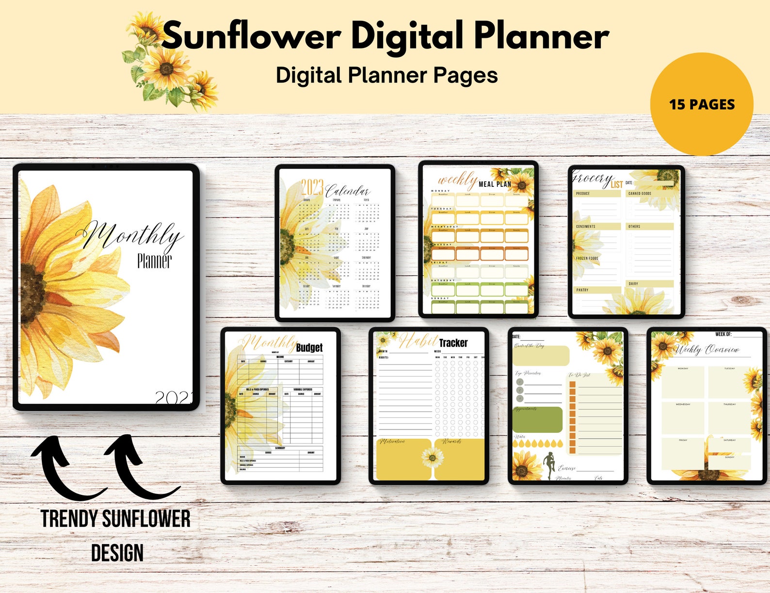 Sunflower Digital Planner - PDF Download- Monthly and Daily Planner ...