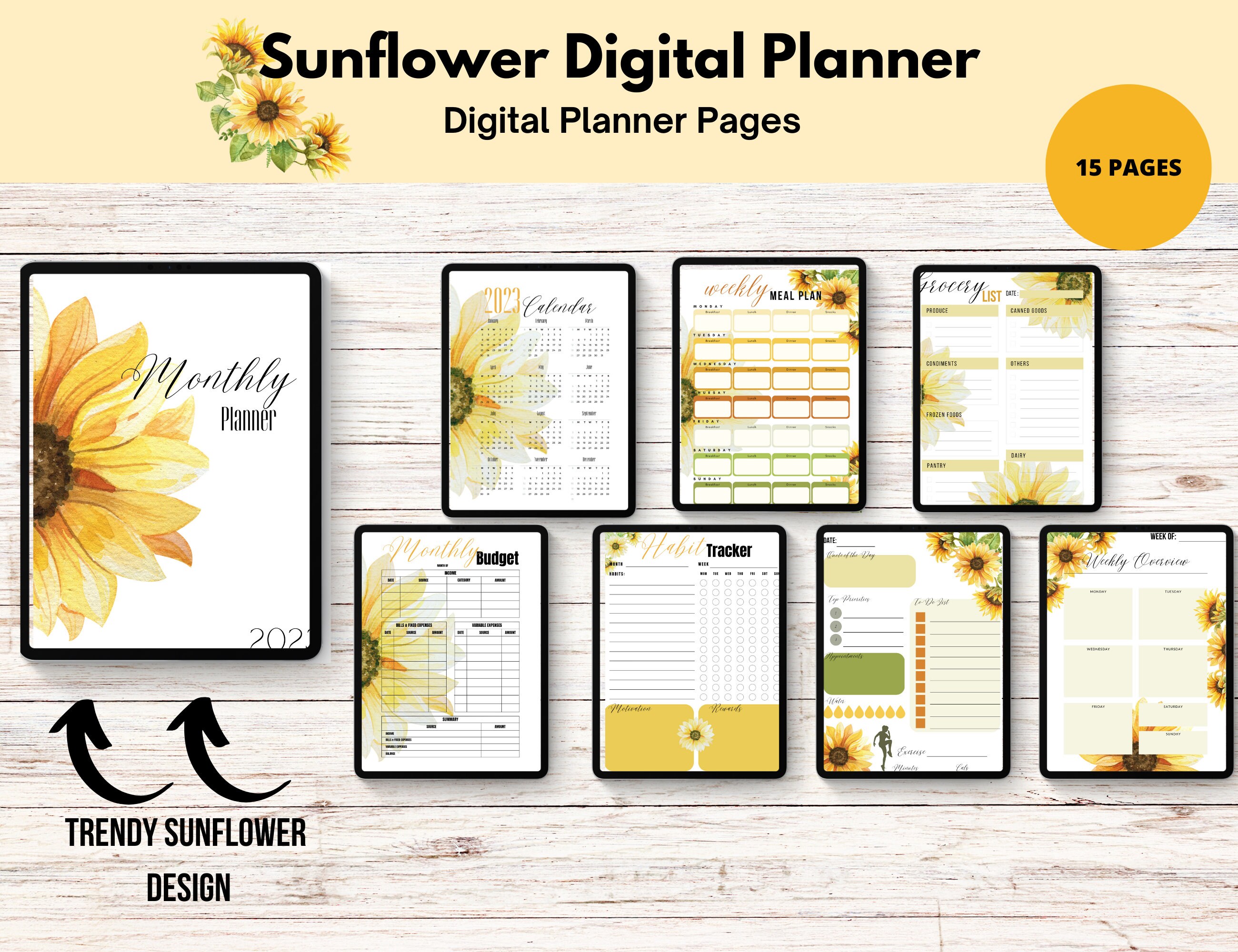 Sunflower Digital Planner - PDF Download- Monthly and Daily Planner ...