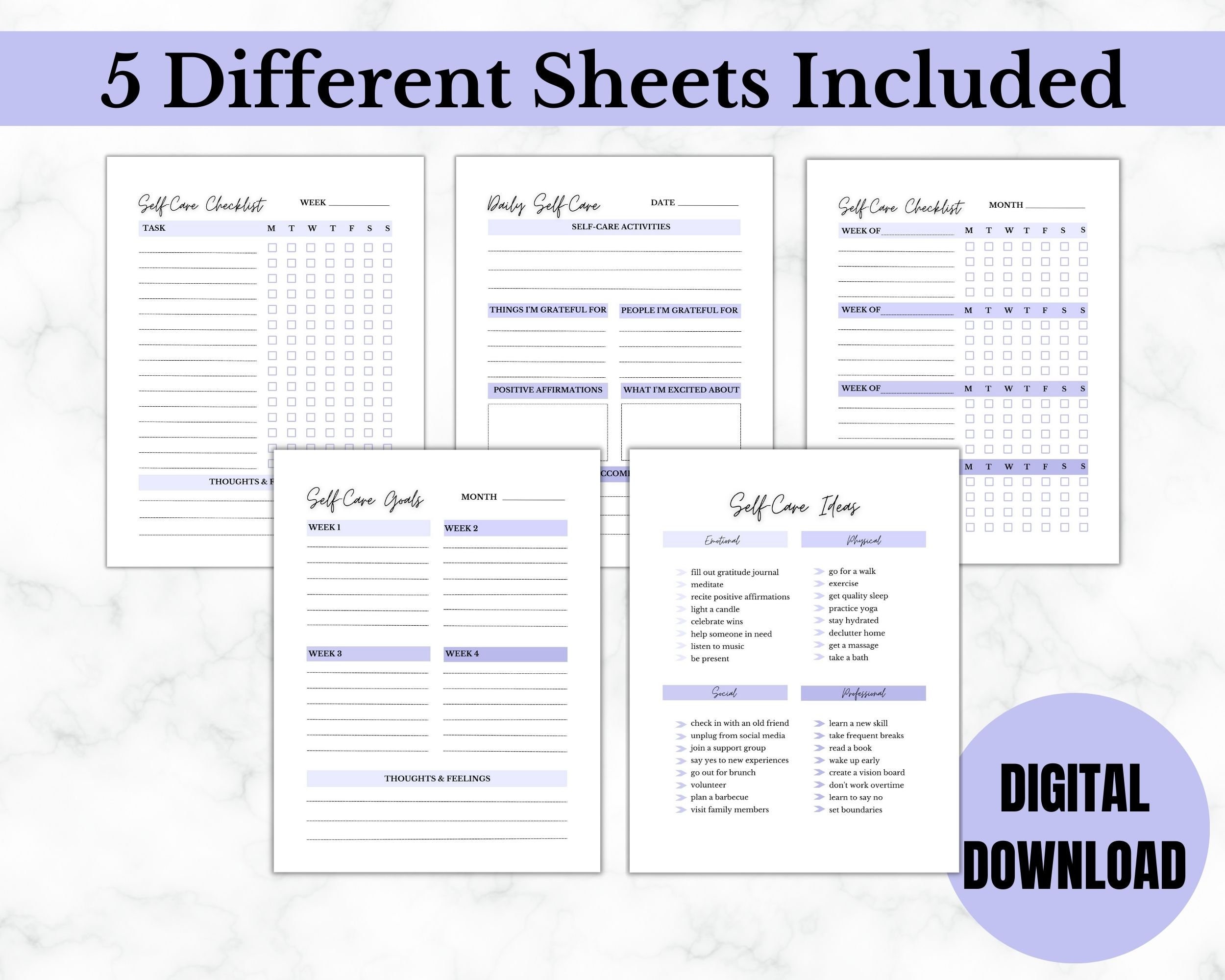 Self-care Planner Checklist for Wellness & Mental Health, Daily Well ...