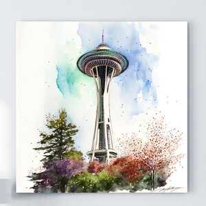Seattle Space Needle Art Print Wall Decor Painting Landmarks Washington ...