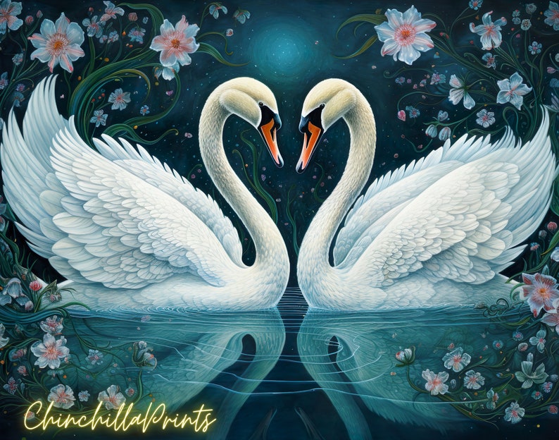 Swans Art Print Landscape With Swans Painting of the Inhabitants of the ...