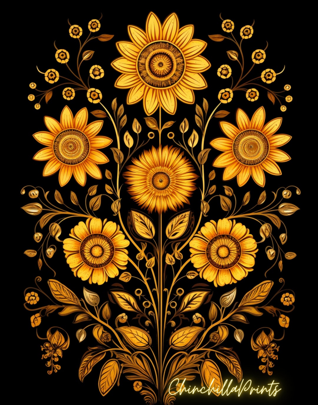 Sunflower, Decorative Sunflowers, Sunflower Print, Folk Art, Gold ...