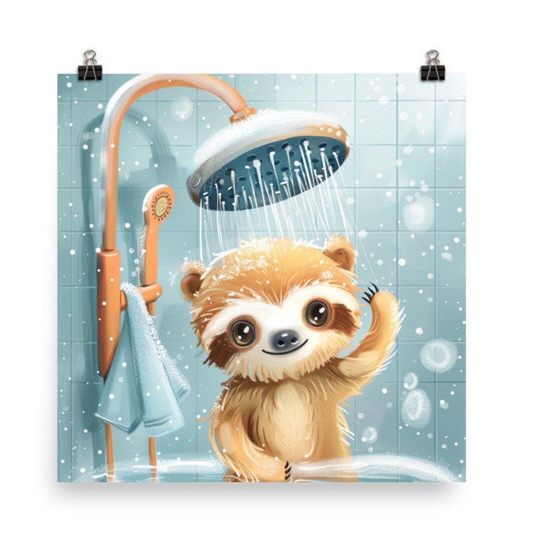 Poster of a Sloth Taking a Shower, Sloth Bathroom Print, Bathroom Art ...