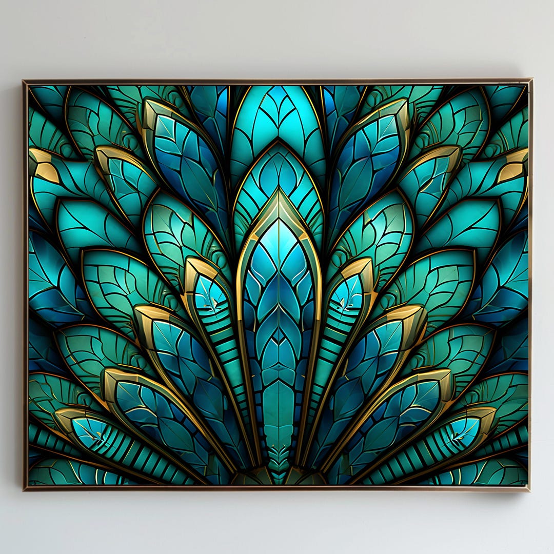 Blue Gold Abstract Set of 4 Peacock Tail Art Deco Decor Blue Gold Print ...