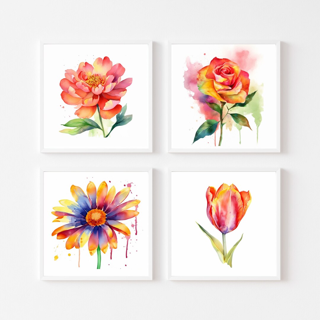 Set of 4 Flowers Art Prints Rose Tulip Peony Set of Flowers Art Prints ...