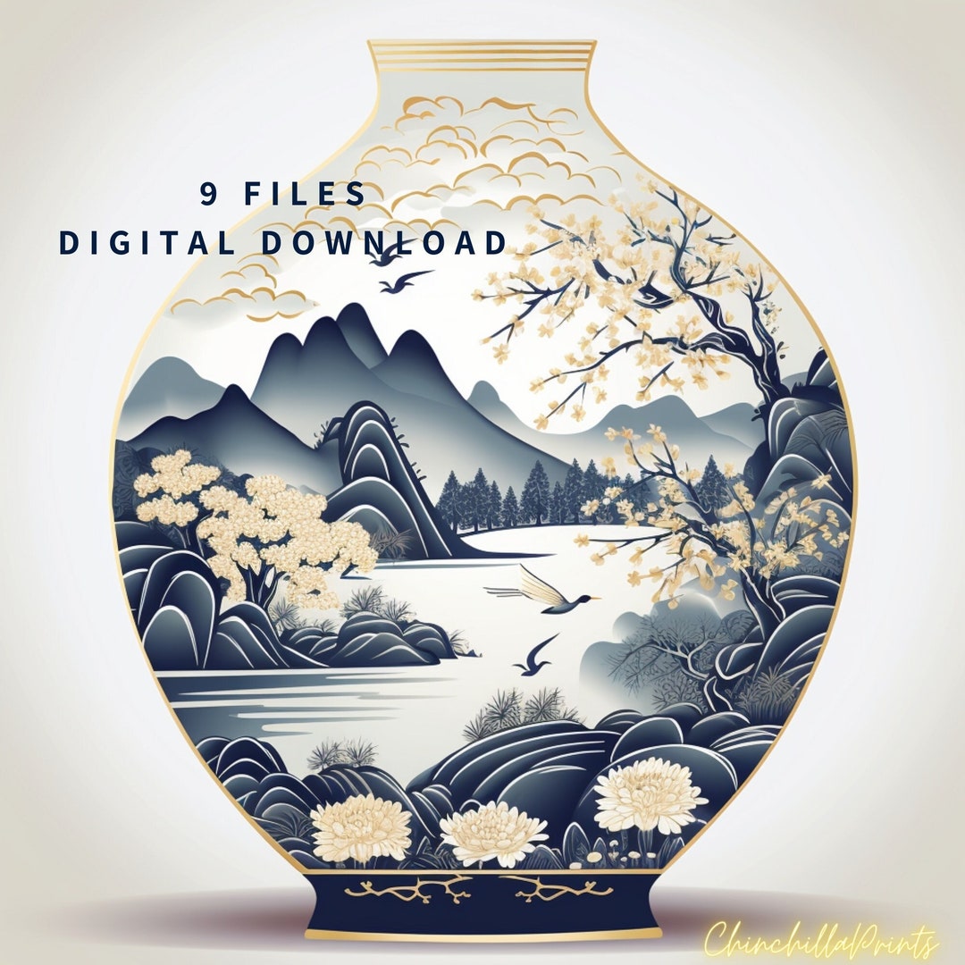 Chinoiserie Watercolor Vase Chinese Art Style Mid-century Clipart ...