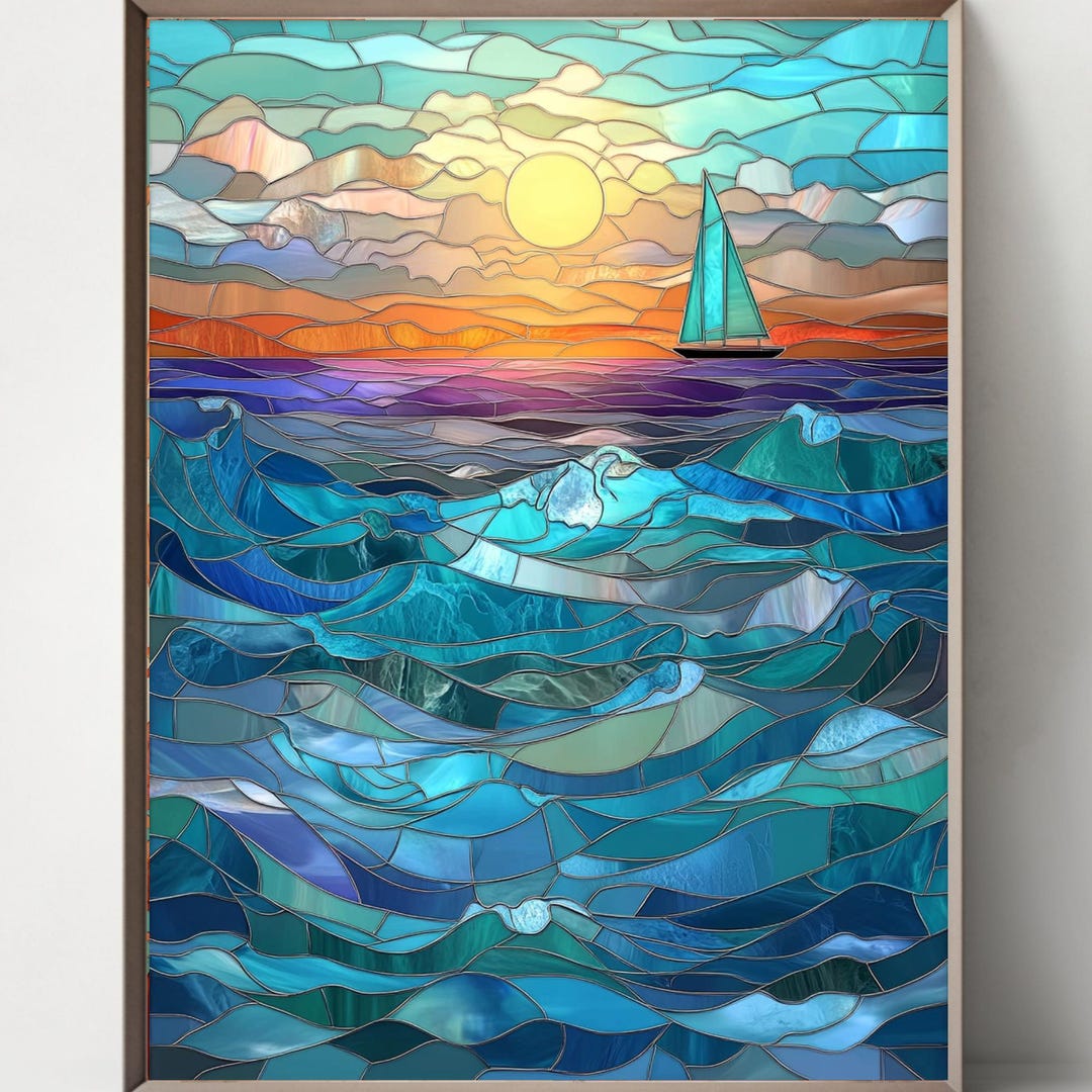 Seascape Stained Glass, Sea Waves at Sunset, Sailboat Sailing on the ...