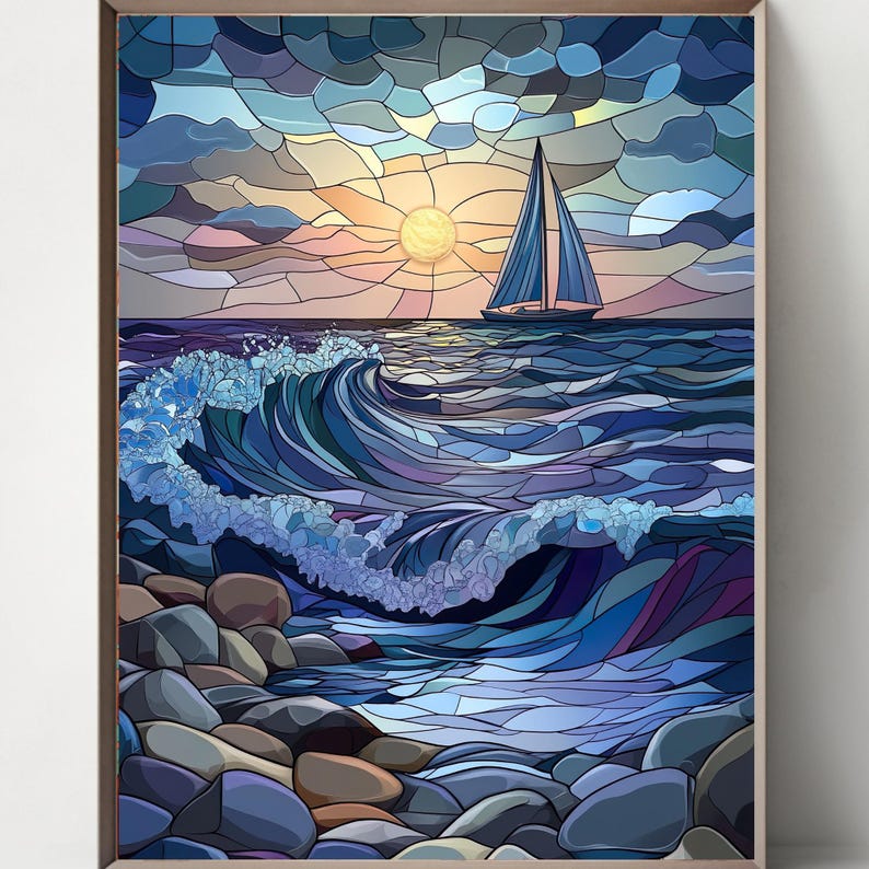 Seascape Set of 3 Stained Glass, Sea Waves at Sunset, Sailboat Sailing ...