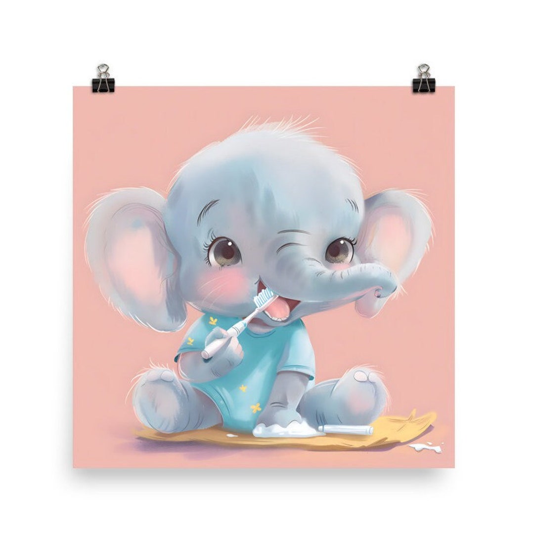 Poster of a Baby Elephant Brushing Teeth, Kids Bathroom Art, Teeth ...