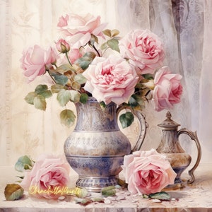 Shabby Chic Pink Rose Vintage Roses in a Clay Vase in Shabby Chic Style ...