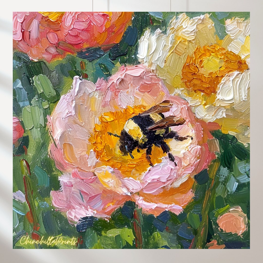 Bumblebee on a Flower, Bumblebee Art Print, Oil Style Bee Art, Fluffy ...