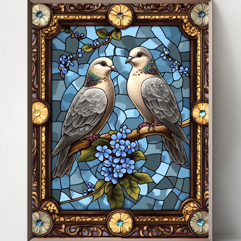 Set of 4 Stained Glass Pigeons Art Print: Blue Bird Digital Download - Etsy