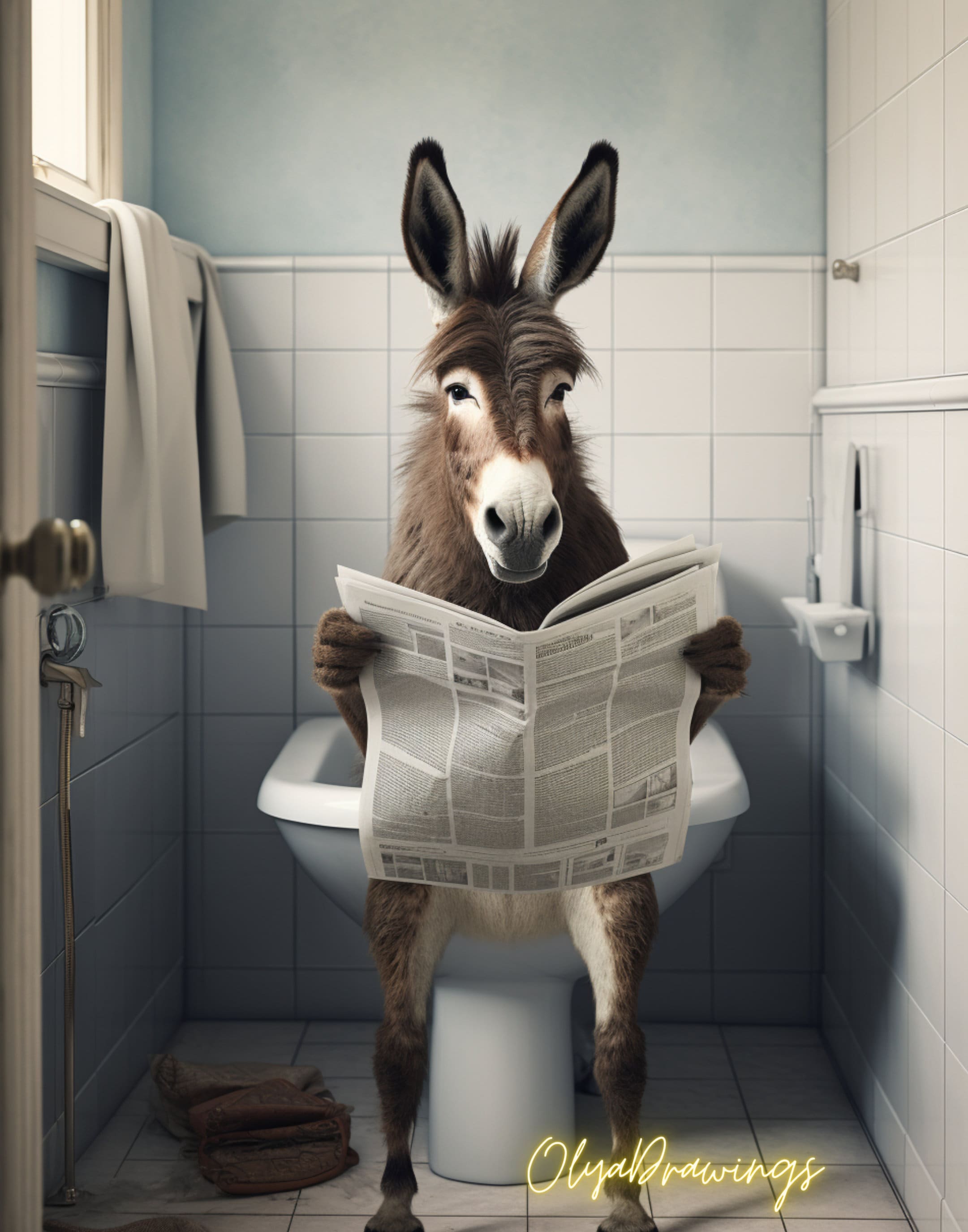 Donkey Sitting on the Toilet Reading Newspaper, Funny Bathroom Wall ...