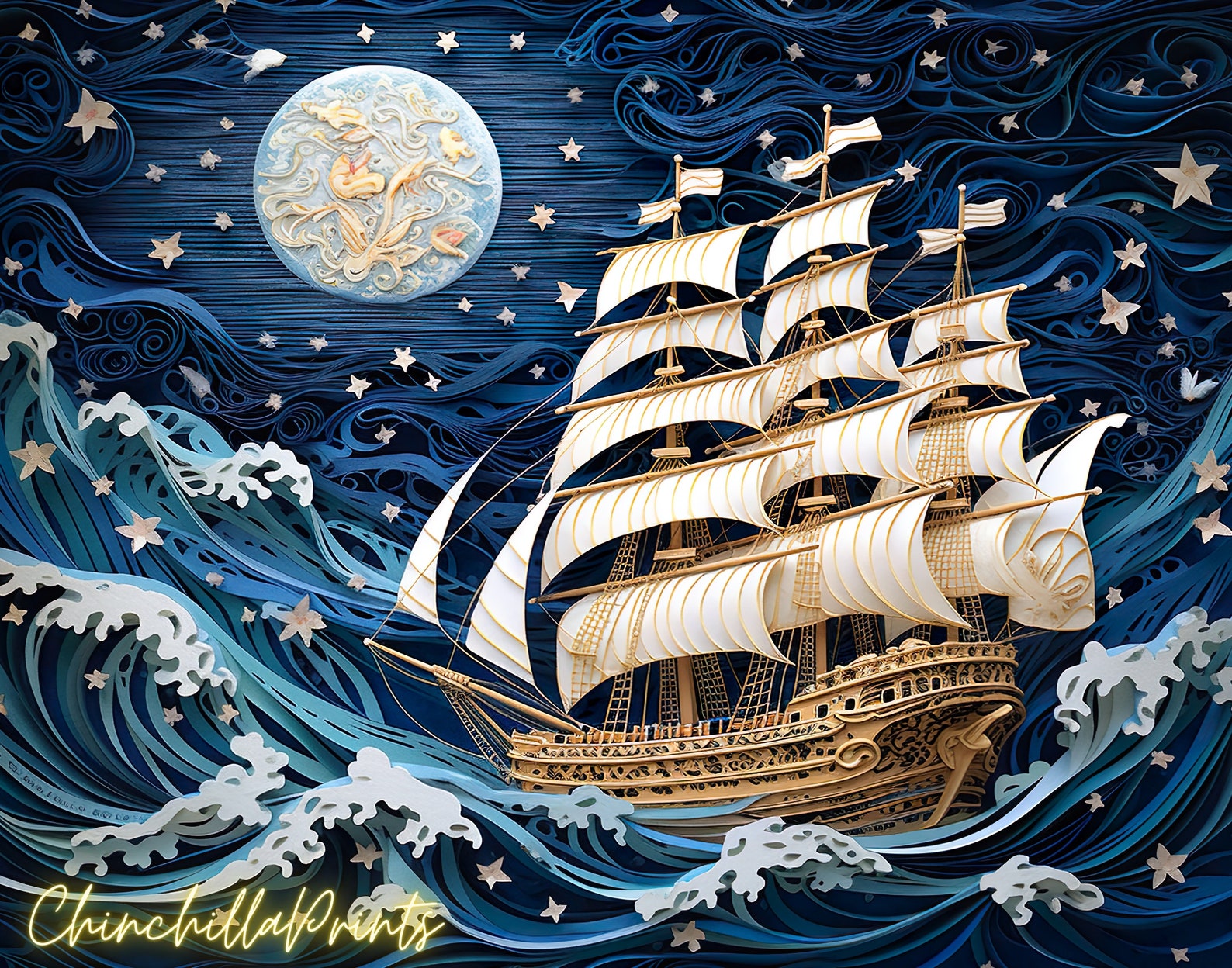 Ship Art Print, Sailing Ship Art, Sea Art, Sea Waves, Navy Blue Art ...