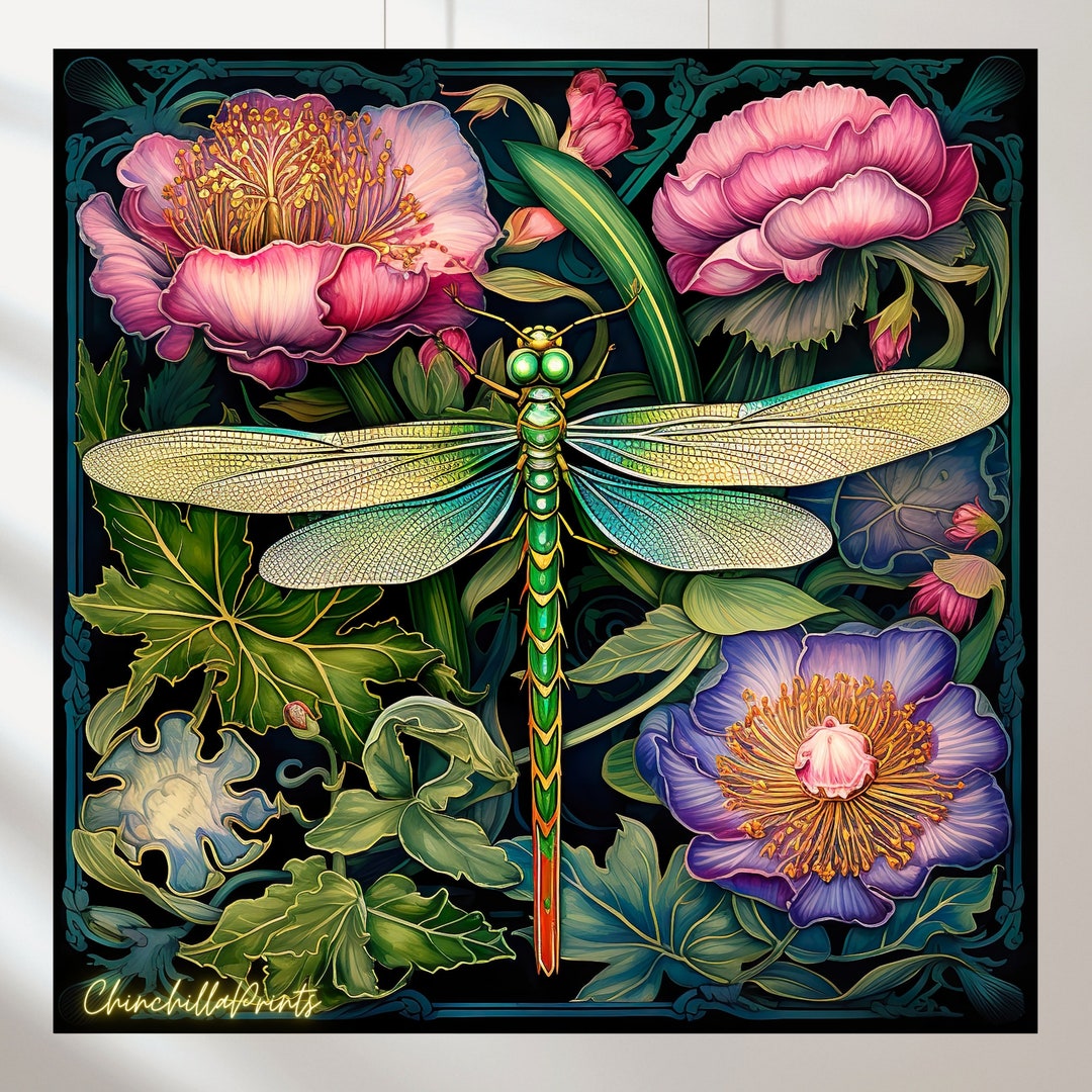Art Nouveau Dragonfly Print Set: William Morris Style Floral Wall Art ...