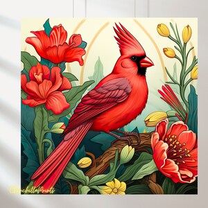 10 Red Cardinal Art Print, Art Nouveau, Red Cardinal on Rhododendron ...