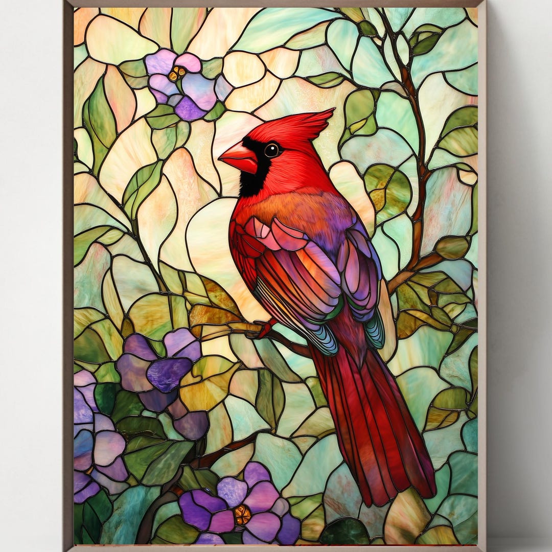 Set of 5 Red Cardinal Stained Glass Art Print Set (digital Download) - Etsy