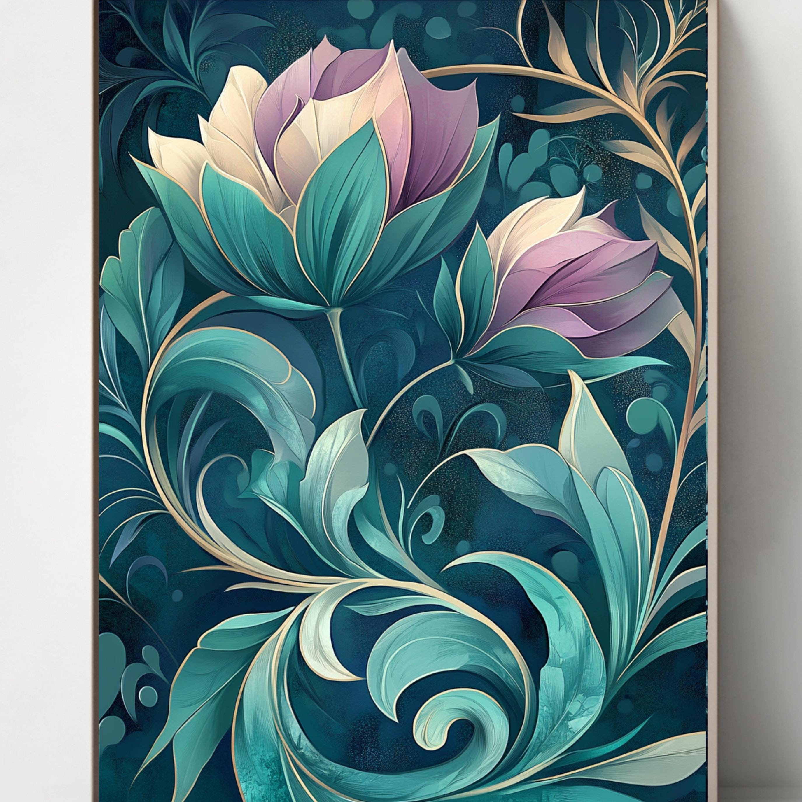 Set of 5 Art Deco Floral Print Set, Stained Glass Style (digital ...