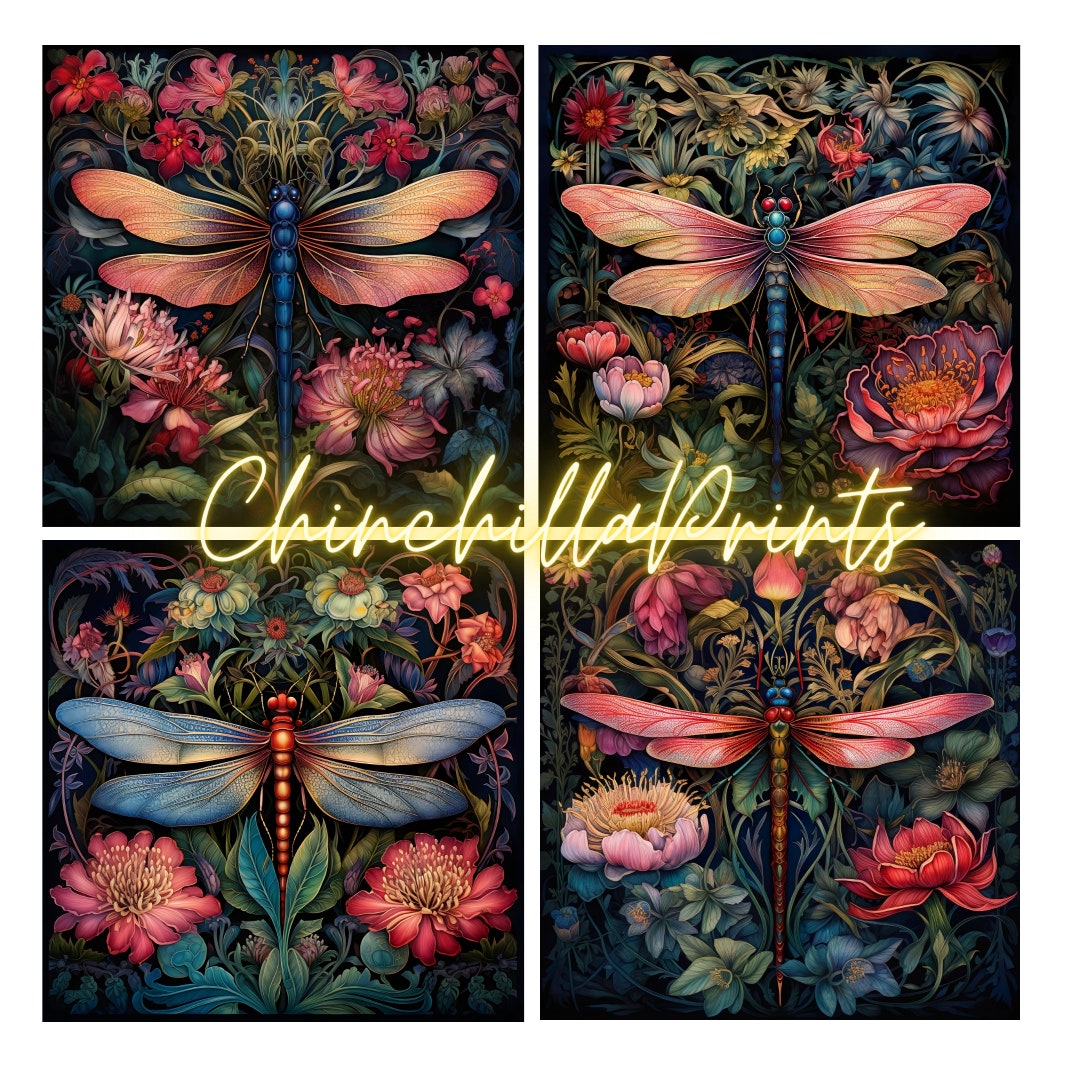 Dragonfly Art Nouveau Dragonfly, Beautiful Dragonfly in Flowers, Wall ...