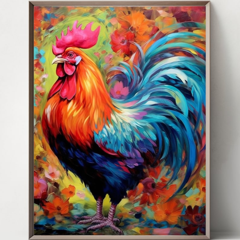 Rooster Art Print, Colorful Rooster Painting Birds Wall Art Chicken ...