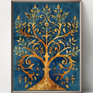 Art Nouveau Tree of Life, Mexican Painting, Vintage Blue and Gold ...