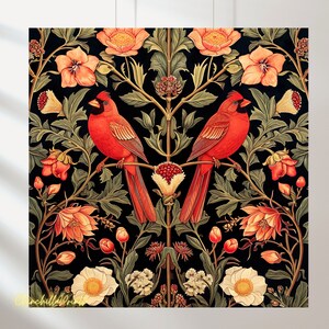 Art Nouveau Red Cardinal, Beautiful Birds in Flowers, Green Wall ...