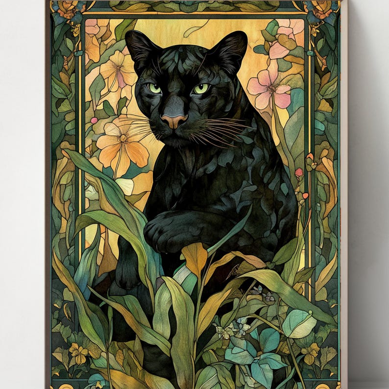 Set of 5 Panther Stained Glass Window Print Set: Colorful Animal Art ...