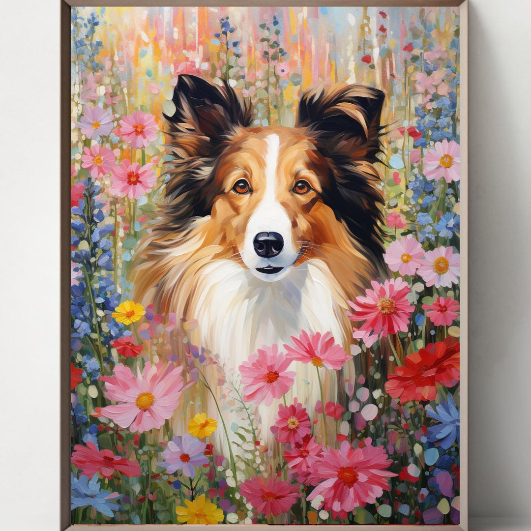Sheltie Shetland in a Flower Set of 5 Garden Gustav Klimt Dog Style Art ...