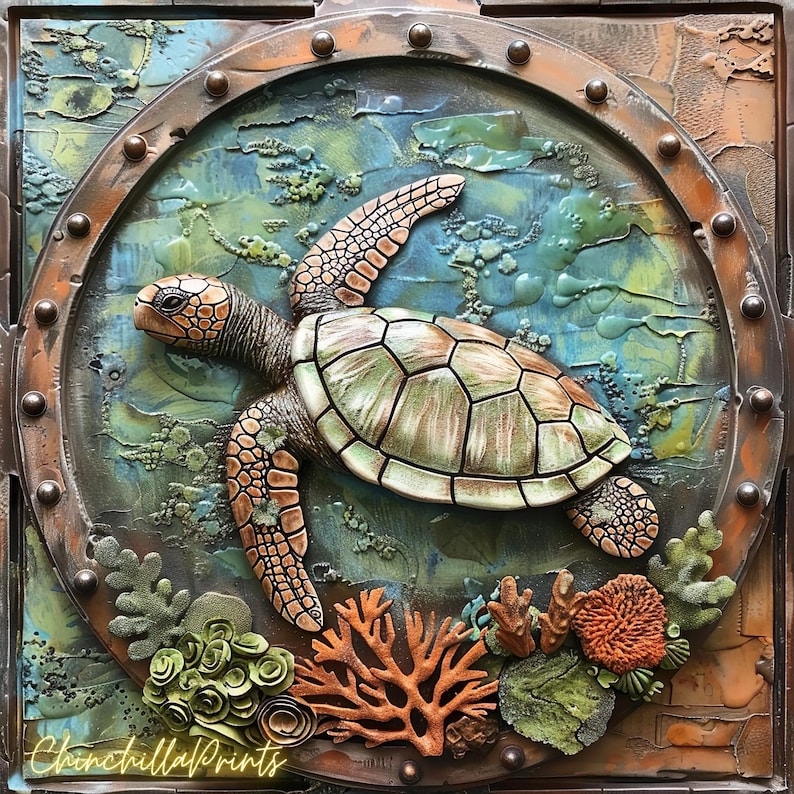 Set of 5 Turtle 3D Art Prints: Decorative Turtle Designs (digital ...