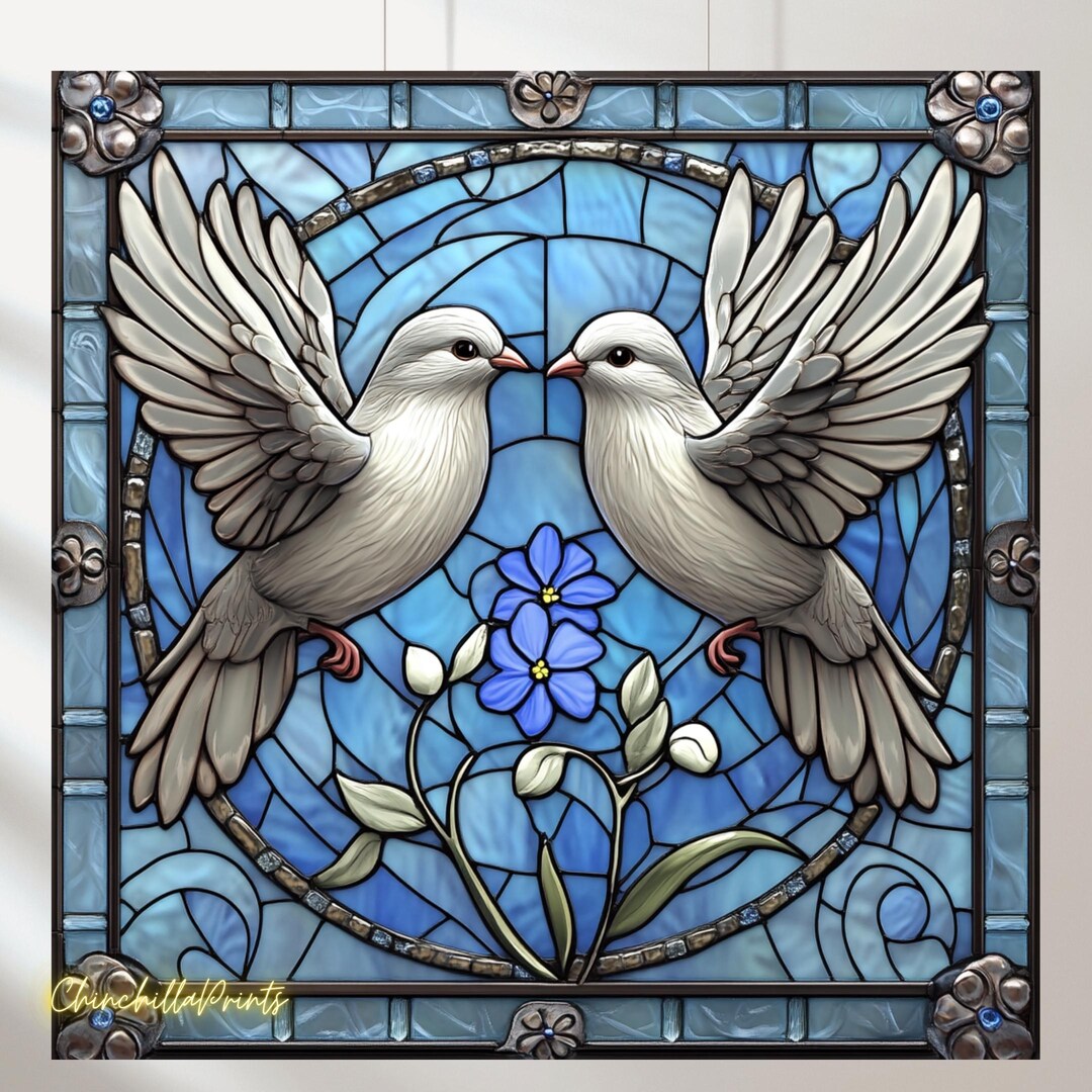 Set of 4 Stained Glass Pigeons Art Print: Blue Bird Digital Download - Etsy