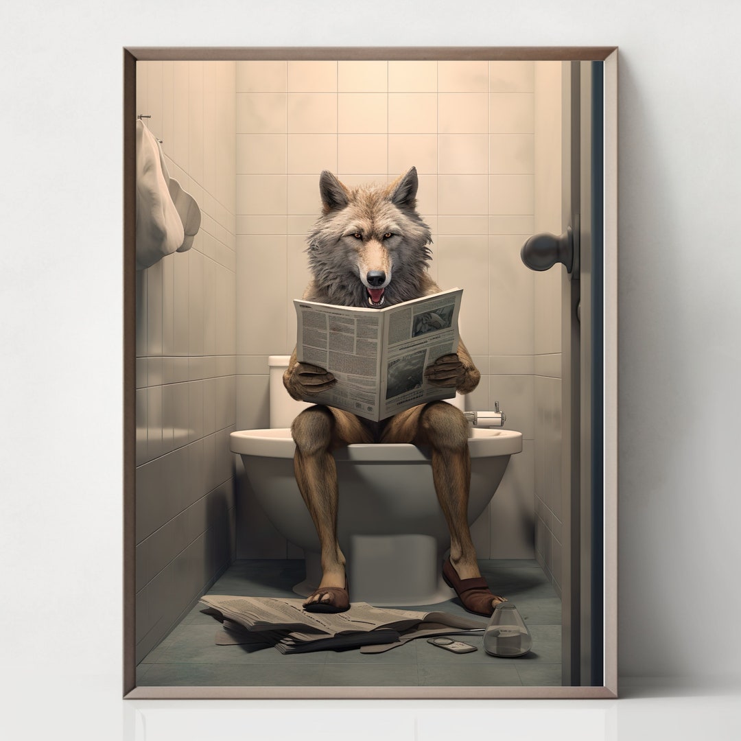 Wolf Fox Sitting on the Toilet and Reading a Newspaper Fun Wall Decor ...