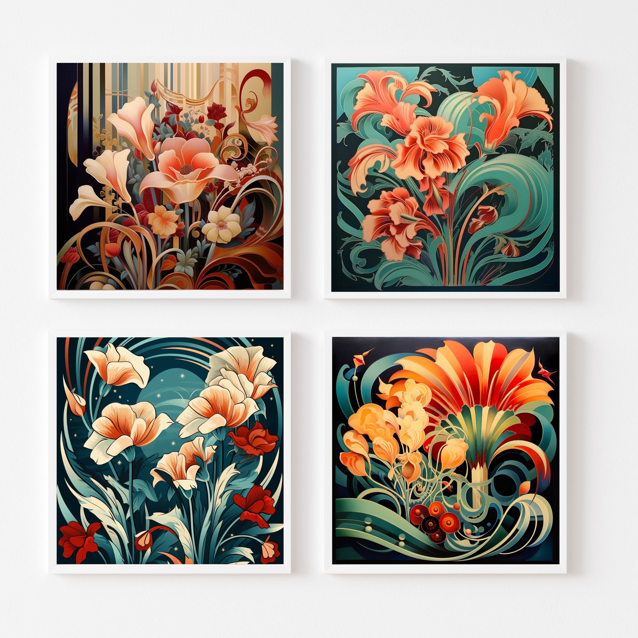 Art Deco Flowers Abstract Art Deco Wall Art Floral Peacock Vintage ...