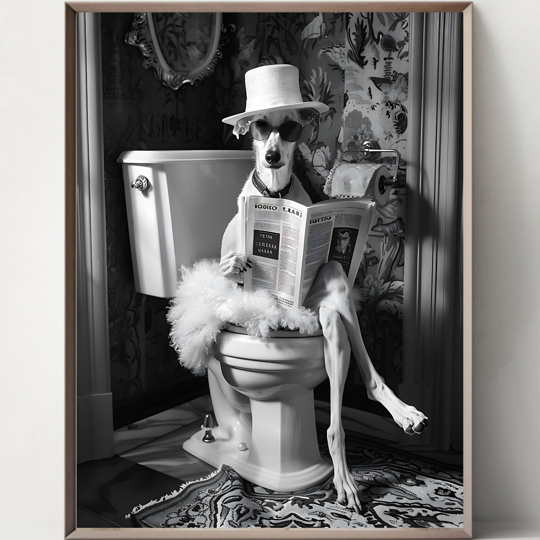 Whippet Set of 5 Wall Art, Fun Bathroom Decor, Whippet on the Toilet ...