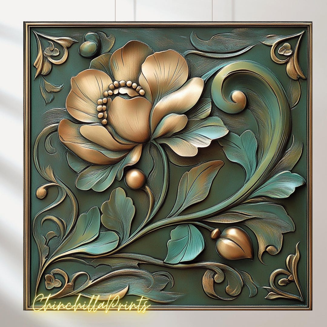 Art Deco Floral Tile Prints: Bronze Roses, Peonies, Magnolias (set of 5 ...