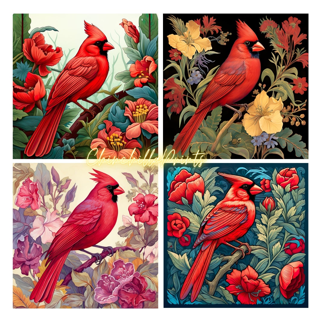 10 Red Cardinal Art Print, Art Nouveau, Red Cardinal on Rhododendron ...