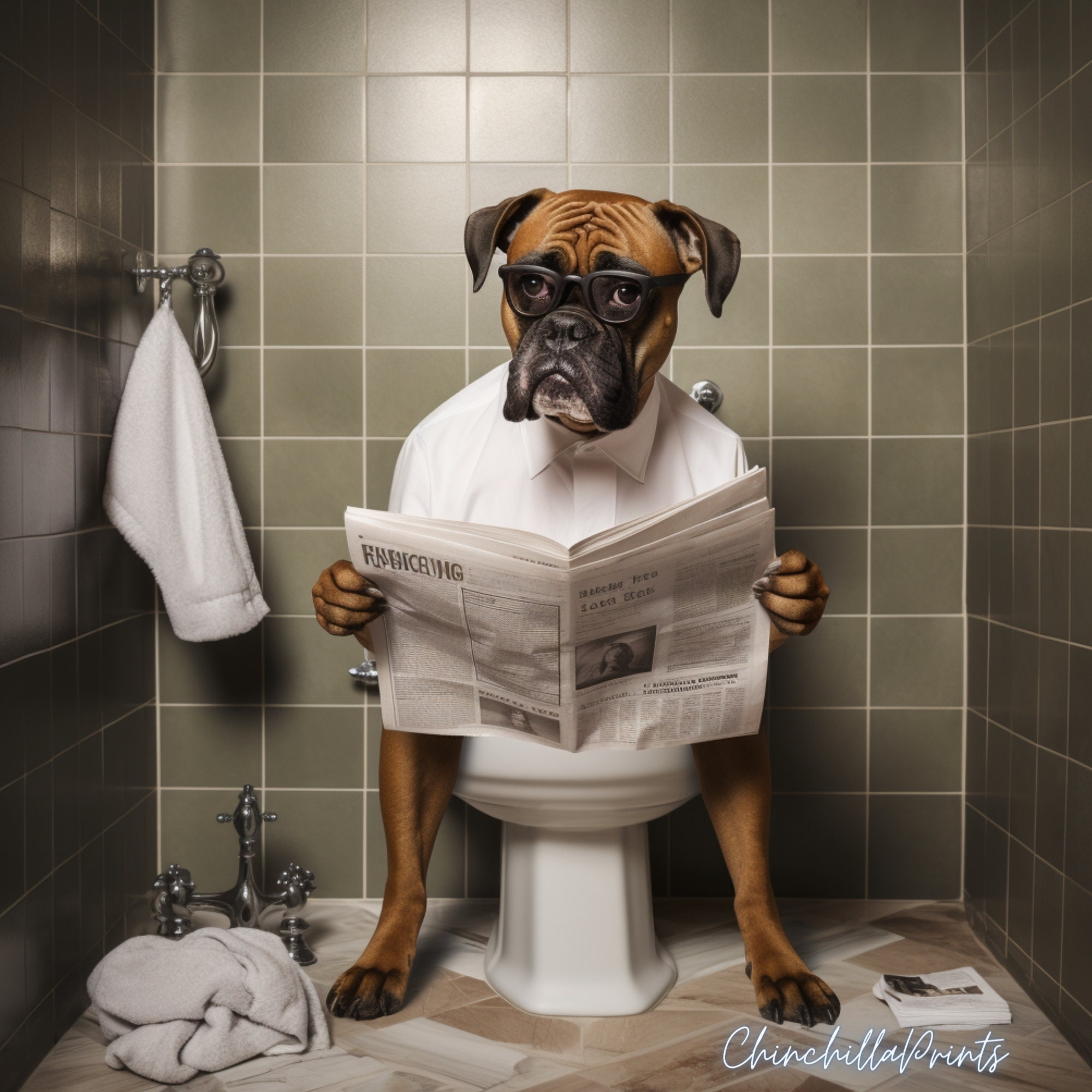 Boxer Boxer Dog Sitting on the Toilet and Reading the Newspaper Fun ...