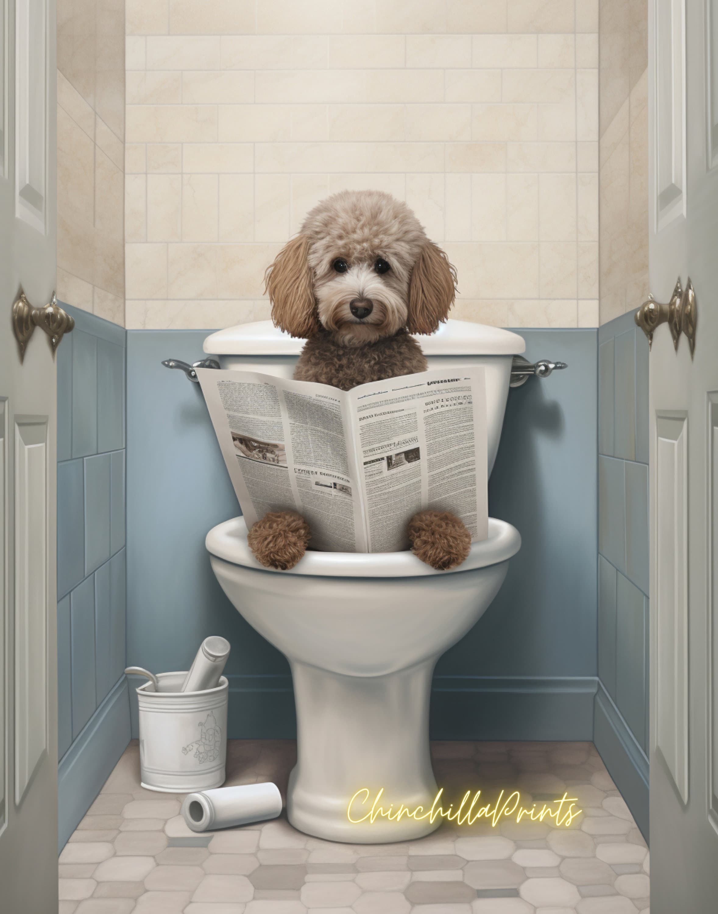Dog Poodle Sitting on the Toilet and Reading the Newspaper Fun Wall ...