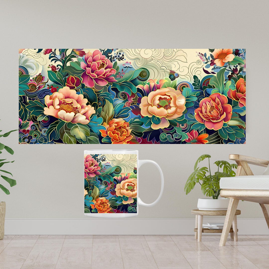 19" X 8" Cup Design Set of 1 Floral Design Cups Long Wall Art JPG+PNG ...