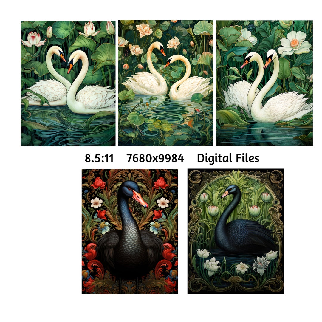 Swans Set of 5, Swans Art, Art Nouveau Print, Swans Watercolor - Etsy