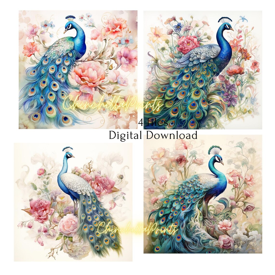 Peacock Set of 22 Shabby Chic Watercolor Peacock Vintage Botanical ...
