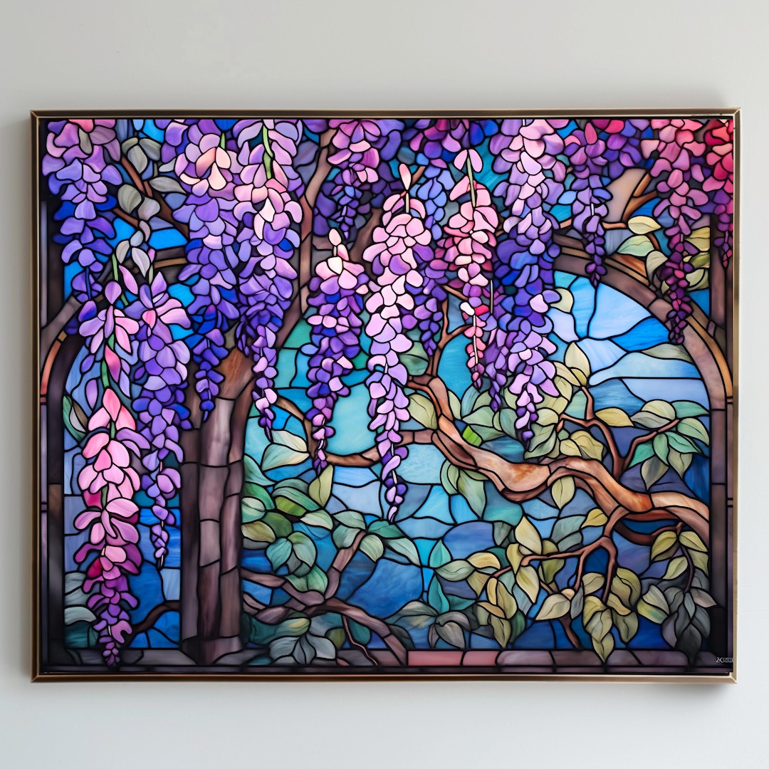 Set of 4 Wisteria Stained Glass Art Print Set, Floral Window Painting ...