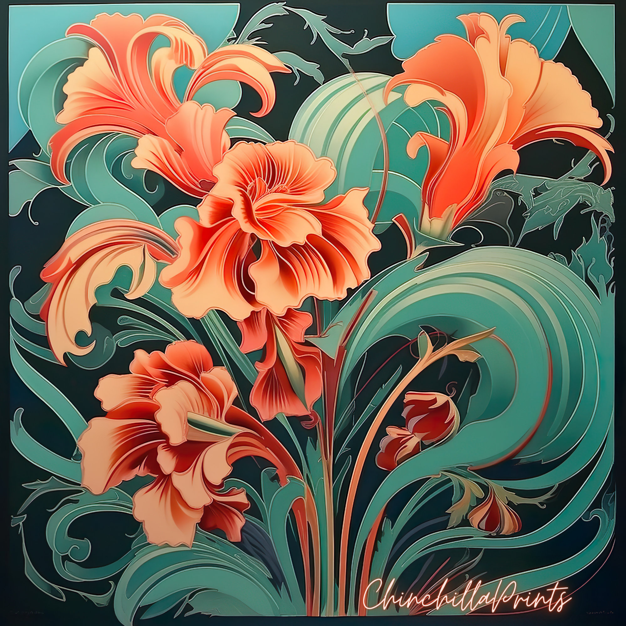 Art Deco Flowers Abstract Art Deco Wall Art Floral Peacock Vintage ...